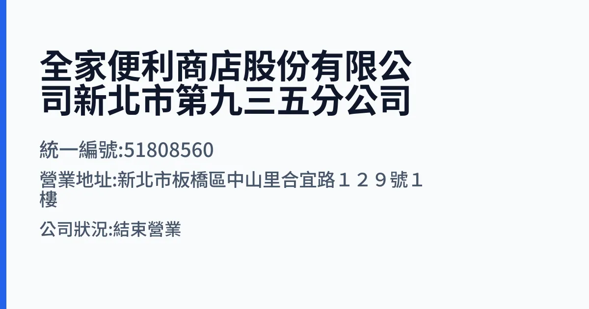 全家便利商店股份有限公司新北市第九三五分公司 - 統編 51808560(新北市) 公司登記資料與營業項目詳細圖表