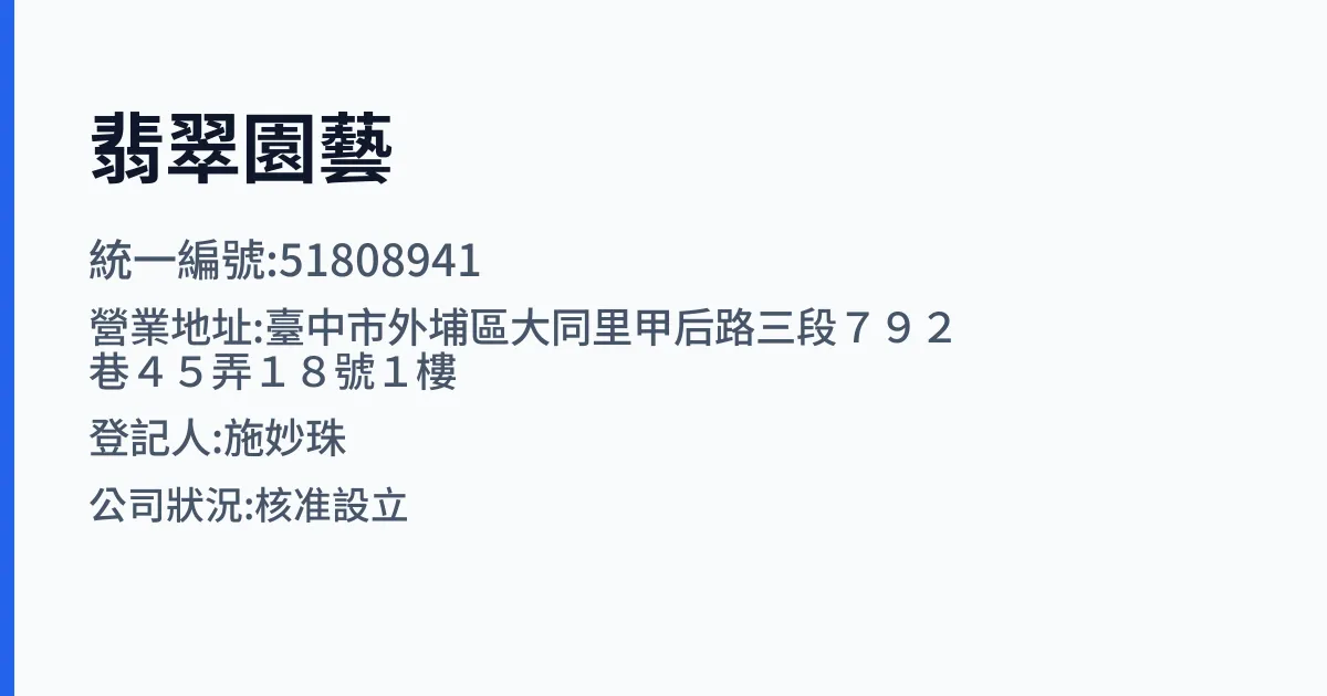 翡翠園藝 - 統編 51808941（臺中市） 公司登記資料與營業項目詳細圖表