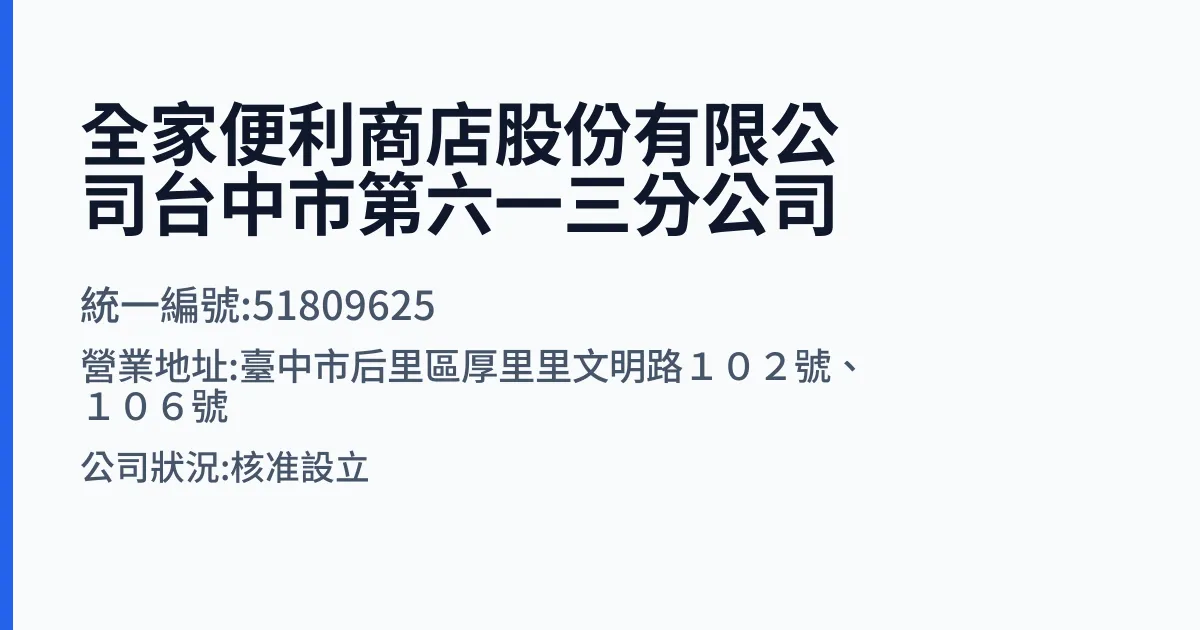 全家便利商店股份有限公司台中市第六一三分公司 - 統編 51809625(臺中市) 公司登記資料與營業項目詳細圖表