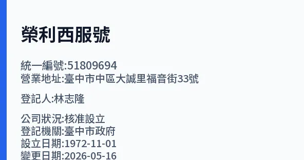 榮利西服號的照片-統編 51809694(臺中市) 公司登記資料與營業項目詳細圖表