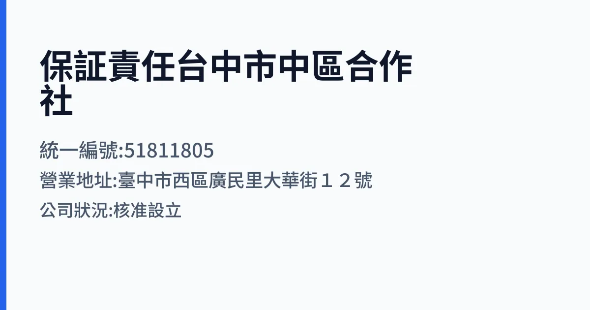 保証責任台中市中區合作社 - 統編 51811805(臺中市) 公司登記資料與營業項目詳細圖表