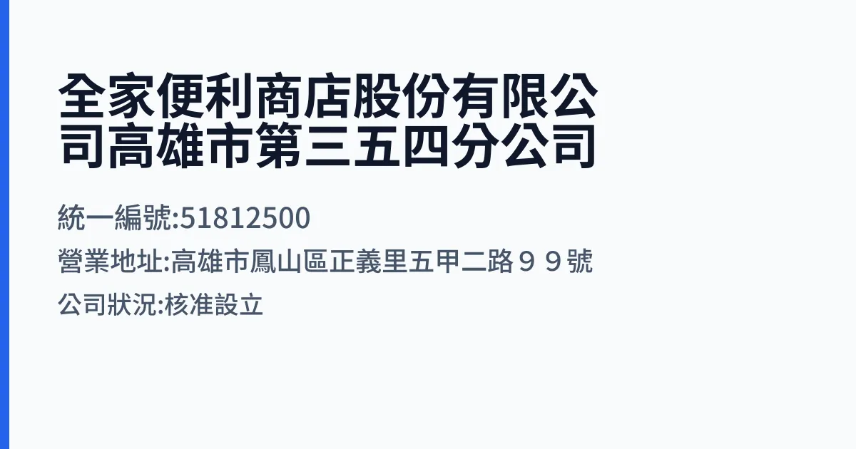 全家便利商店股份有限公司高雄市第三五四分公司 - 統編 51812500(高雄市) 公司登記資料與營業項目詳細圖表