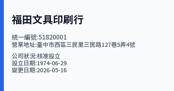 福田文具印刷行的照片-統編 51820001(臺中市) 公司登記資料與營業項目詳細圖表