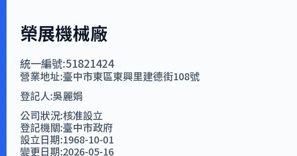 榮展機械廠的照片-統編 51821424(臺中市) 公司登記資料與營業項目詳細圖表