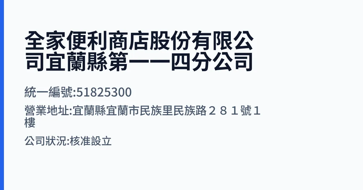 全家便利商店股份有限公司宜蘭縣第一一四分公司 - 統編 51825300(宜蘭縣) 公司登記資料與營業項目詳細圖表