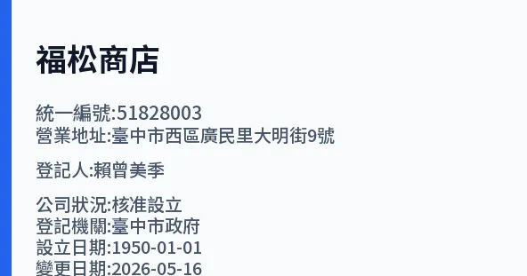 福松商店的照片-統編 51828003(臺中市) 公司登記資料與營業項目詳細圖表