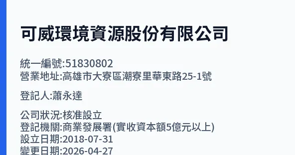 可威環境資源股份有限公司的照片-統編 51830802(高雄市) 公司登記資料與營業項目詳細圖表