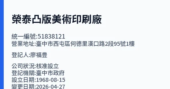 榮泰凸版美術印刷廠的照片-統編 51838121(臺中市) 公司登記資料與營業項目詳細圖表