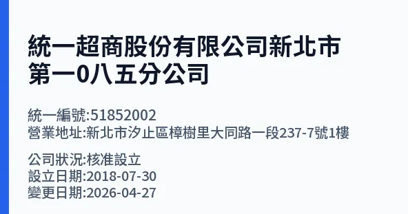 統一超商股份有限公司新北市第一0八五分公司的照片-統編 51852002(新北市) 公司登記資料與營業項目詳細圖表
