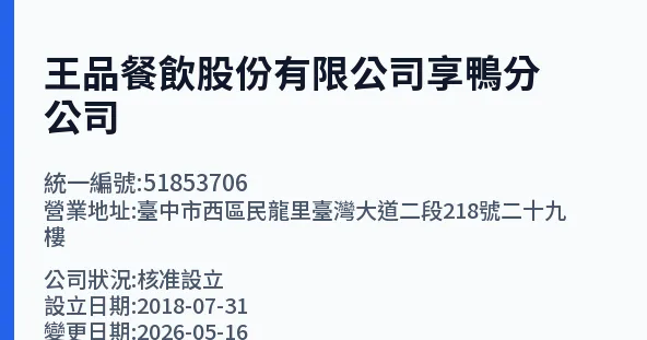 王品餐飲股份有限公司享鴨分公司的照片-統編 51853706(臺中市) 公司登記資料與營業項目詳細圖表