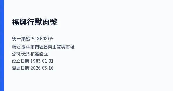 福興行獸肉號的照片-統編 51860805(臺中市) 公司登記資料與營業項目詳細圖表