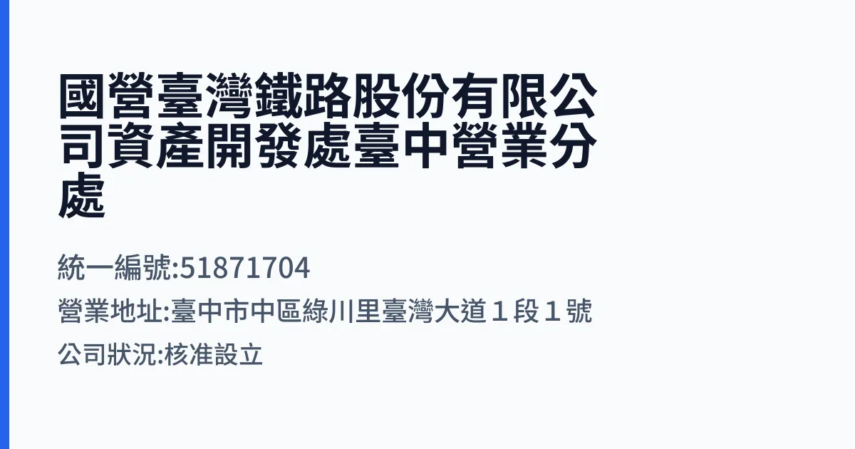 國營臺灣鐵路股份有限公司資產開發處臺中營業分處 - 統編 51871704(臺中市) 公司登記資料與營業項目詳細圖表