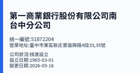 第一商業銀行股份有限公司南台中分公司的照片-統編 51872204(臺中市) 公司登記資料與營業項目詳細圖表