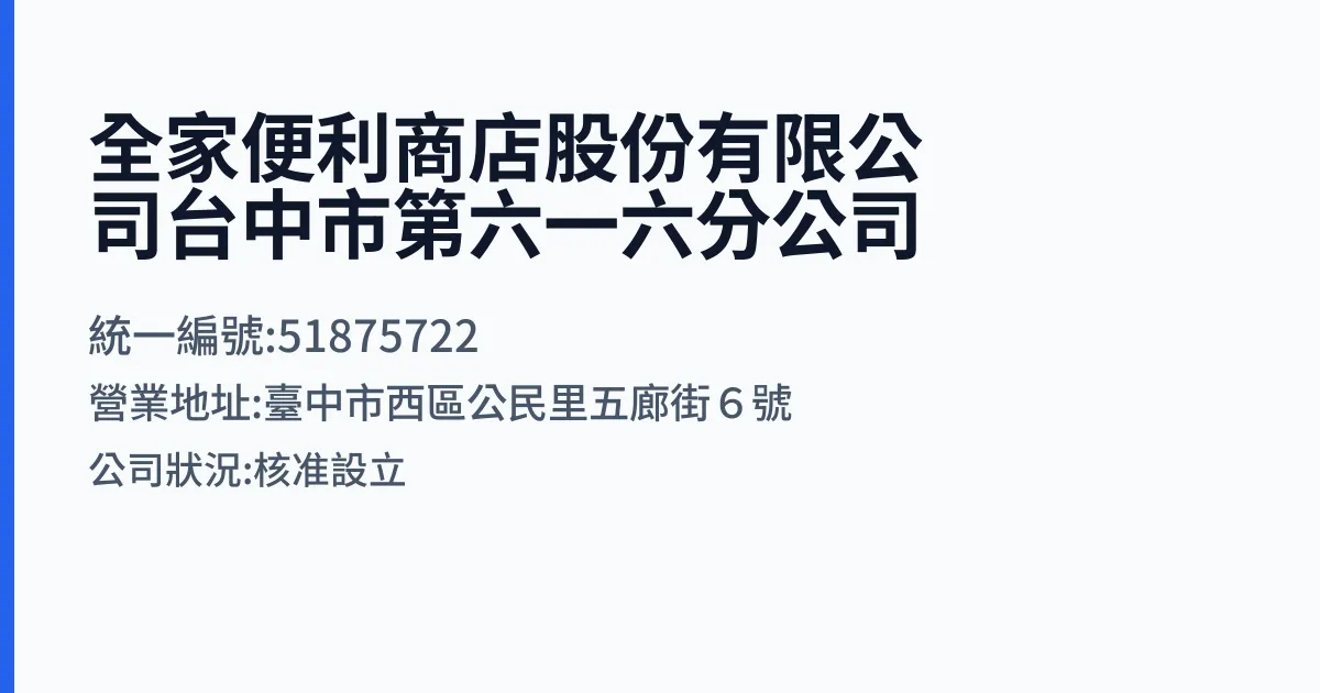 全家便利商店股份有限公司台中市第六一六分公司 - 統編 51875722(臺中市) 公司登記資料與營業項目詳細圖表
