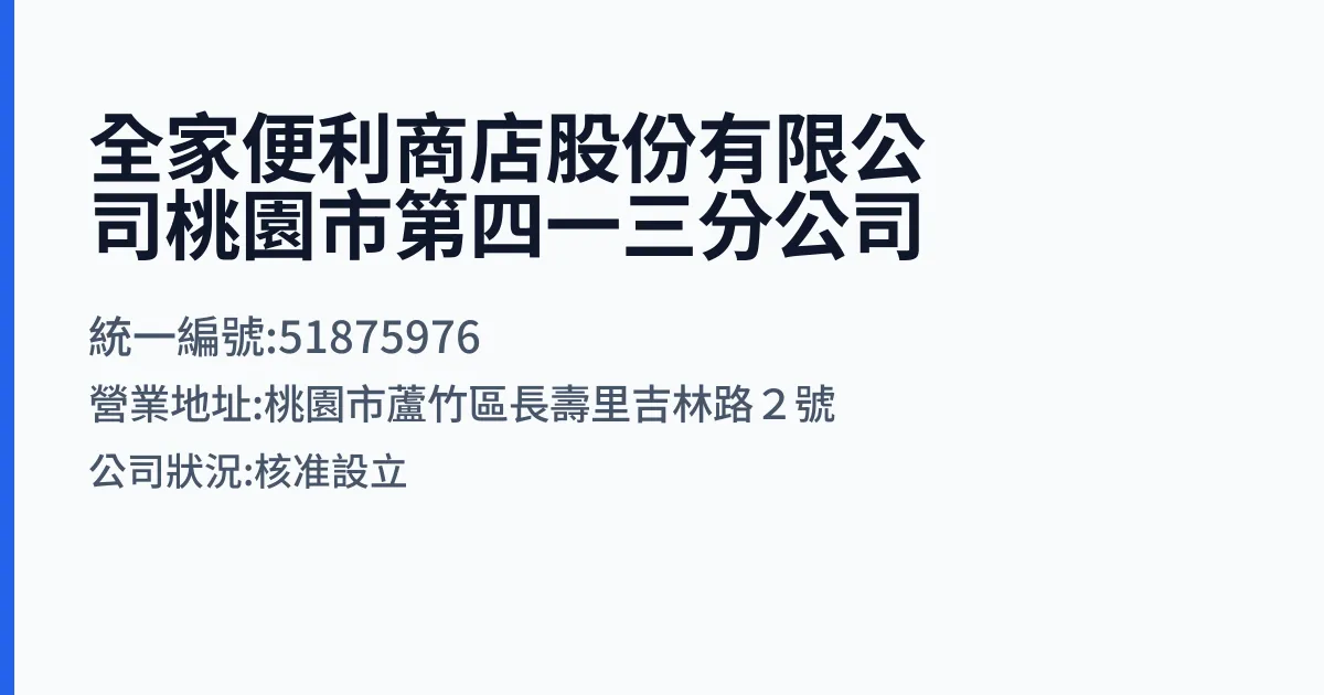 全家便利商店股份有限公司桃園市第四一三分公司 - 統編 51875976(桃園市) 公司登記資料與營業項目詳細圖表
