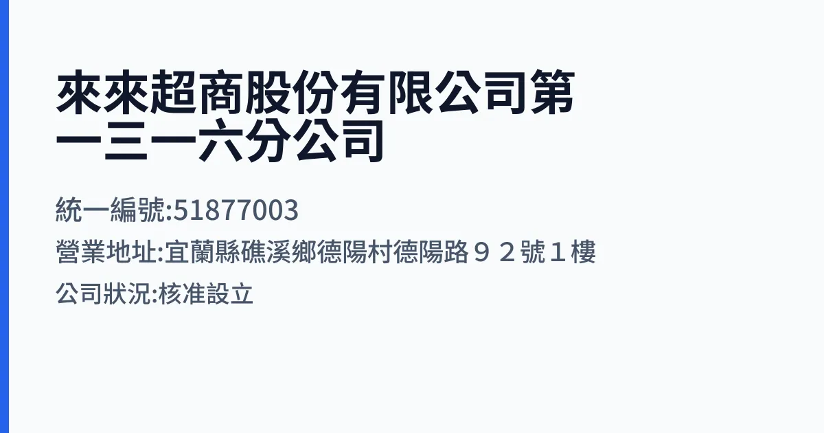 來來超商股份有限公司第一三一六分公司 - 統編 51877003(宜蘭縣) 公司登記資料與營業項目詳細圖表