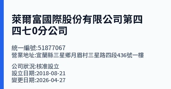萊爾富國際股份有限公司第四四七0分公司的照片-統編 51877067(宜蘭縣) 公司登記資料與營業項目詳細圖表
