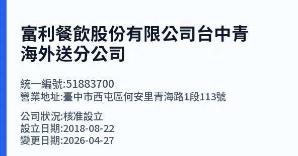 富利餐飲股份有限公司台中青海外送分公司的照片-統編 51883700(臺中市) 公司登記資料與營業項目詳細圖表