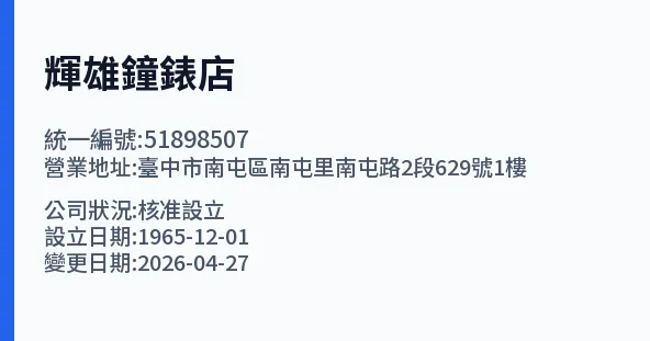 輝雄鐘錶店的照片-統編 51898507(臺中市) 公司登記資料與營業項目詳細圖表