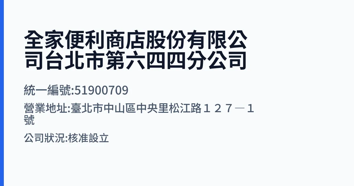 全家便利商店股份有限公司台北市第六四四分公司 - 統編 51900709(臺北市) 公司登記資料與營業項目詳細圖表