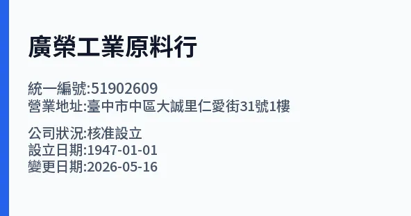 廣榮工業原料行的照片-統編 51902609(臺中市) 公司登記資料與營業項目詳細圖表