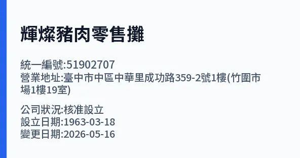輝燦豬肉零售攤的照片-統編 51902707(臺中市) 公司登記資料與營業項目詳細圖表