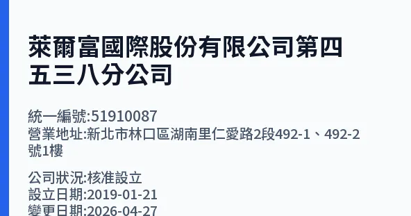 萊爾富國際股份有限公司第四五三八分公司的照片-統編 51910087(新北市) 公司登記資料與營業項目詳細圖表