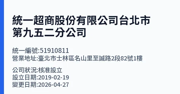 統一超商股份有限公司台北市第九五二分公司的照片-統編 51910811(臺北市) 公司登記資料與營業項目詳細圖表