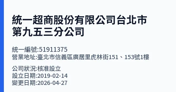 統一超商股份有限公司台北市第九五三分公司的照片-統編 51911375(臺北市) 公司登記資料與營業項目詳細圖表