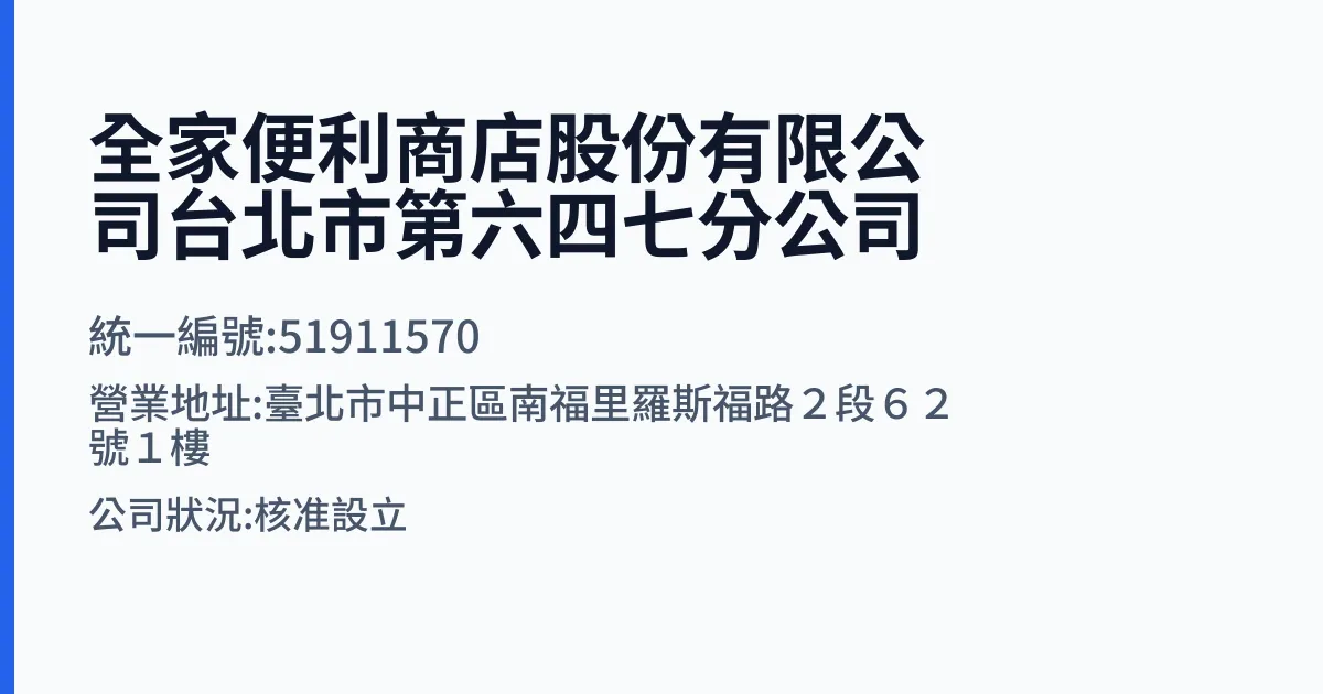 全家便利商店股份有限公司台北市第六四七分公司 - 統編 51911570(臺北市) 公司登記資料與營業項目詳細圖表