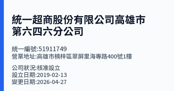 統一超商股份有限公司高雄市第六四六分公司的照片-統編 51911749(高雄市) 公司登記資料與營業項目詳細圖表
