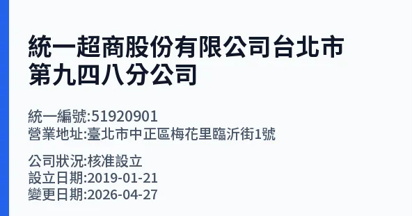 統一超商股份有限公司台北市第九四八分公司的照片-統編 51920901(臺北市) 公司登記資料與營業項目詳細圖表