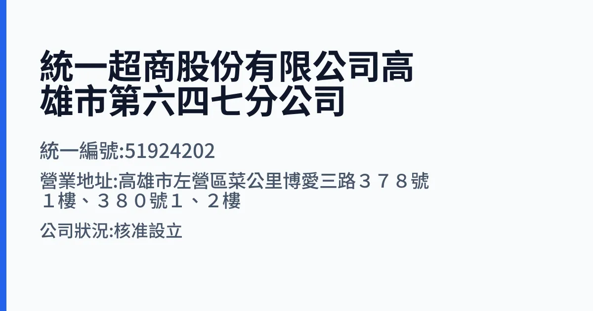 統一超商股份有限公司高雄市第六四七分公司 - 統編 51924202(高雄市) 公司登記資料與營業項目詳細圖表