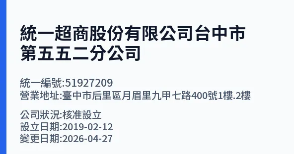 統一超商股份有限公司台中市第五五二分公司的照片-統編 51927209(臺中市) 公司登記資料與營業項目詳細圖表