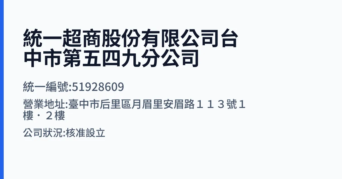 統一超商股份有限公司台中市第五四九分公司 - 統編 51928609(臺中市) 公司登記資料與營業項目詳細圖表
