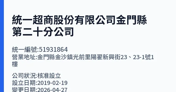 統一超商股份有限公司金門縣第二十分公司的照片-統編 51931864(金門縣) 公司登記資料與營業項目詳細圖表