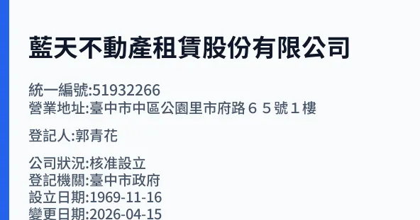 藍天不動產租賃股份有限公司的照片-統編 51932266(臺中市) 公司登記資料與營業項目詳細圖表