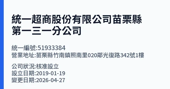 統一超商股份有限公司苗栗縣第一三一分公司的照片-統編 51933384(苗栗縣) 公司登記資料與營業項目詳細圖表