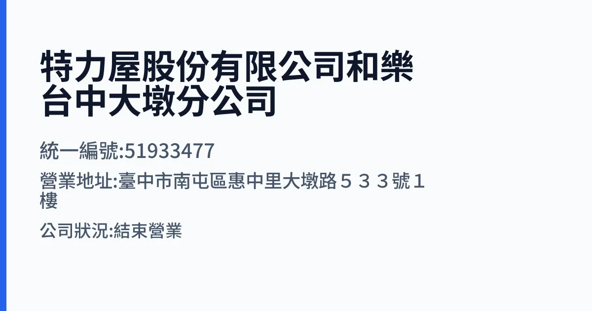 特力屋股份有限公司和樂台中大墩分公司 - 統編 51933477(臺中市) 公司登記資料與營業項目詳細圖表
