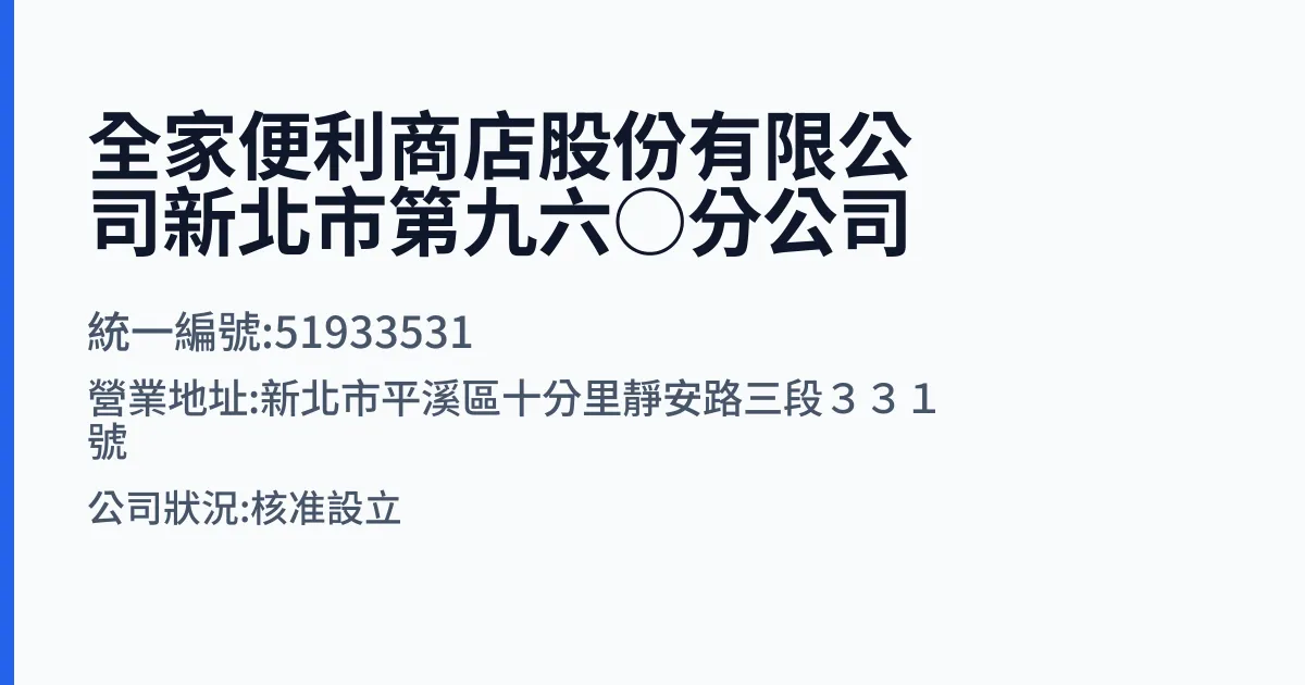 全家便利商店股份有限公司新北市第九六○分公司 - 統編 51933531(新北市) 公司登記資料與營業項目詳細圖表