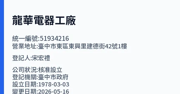 龍華電器工廠的照片-統編 51934216(臺中市) 公司登記資料與營業項目詳細圖表
