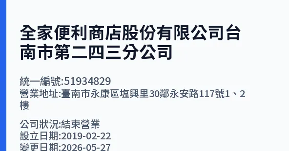 全家便利商店股份有限公司台南市第二四三分公司的照片-統編 51934829(臺南市) 公司登記資料與營業項目詳細圖表