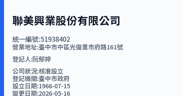 聯美興業股份有限公司的照片-統編 51938402(臺中市) 公司登記資料與營業項目詳細圖表