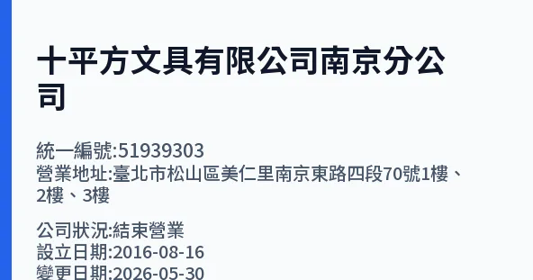 十平方文具有限公司南京分公司的照片-統編 51939303(臺北市) 公司登記資料與營業項目詳細圖表