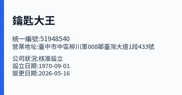 鑰匙大王的照片-統編 51948540(臺中市) 公司登記資料與營業項目詳細圖表