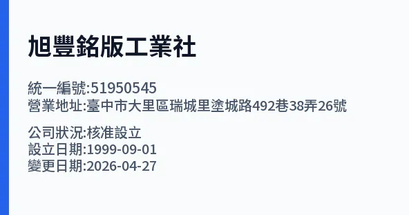 旭豐銘版工業社的照片-統編 51950545(臺中市) 公司登記資料與營業項目詳細圖表