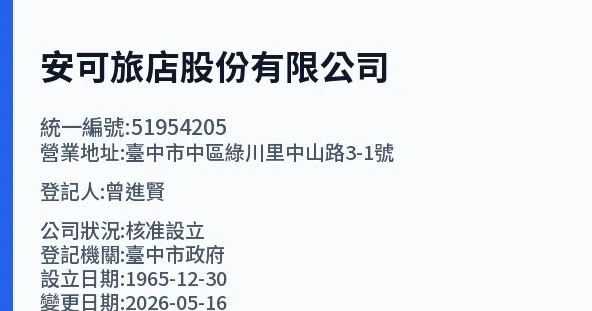 安可旅店股份有限公司的照片-統編 51954205(臺中市) 公司登記資料與營業項目詳細圖表