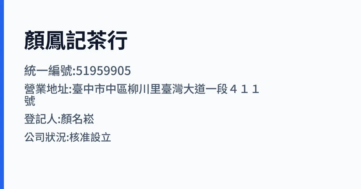 顏鳳記茶行 - 統編 51959905(臺中市) 公司登記資料與營業項目詳細圖表