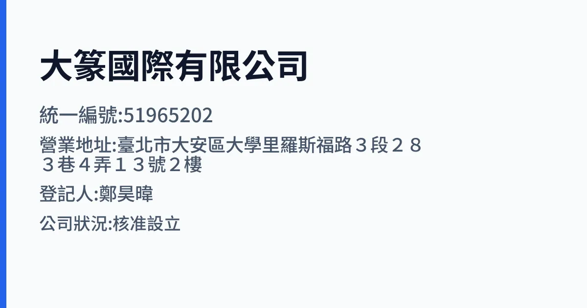 大篆國際有限公司 - 統編 51965202(臺北市) 公司登記資料與營業項目詳細圖表
