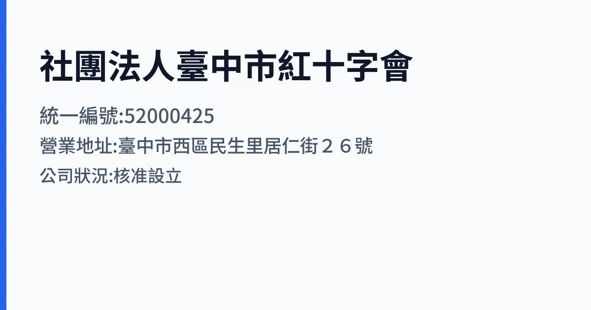 社團法人臺中市紅十字會 - 統編 52000425(臺中市) 公司登記資料與營業項目詳細圖表